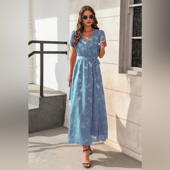 boutique | Dresses | Misty Blue Slit Tied Floral Short Sleeve Dress ...